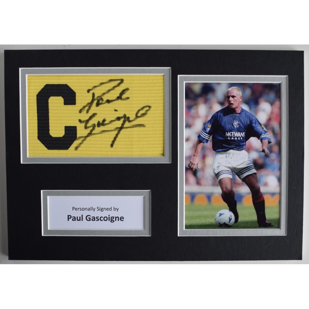 Paul Gascoigne Signed Captains Armband A4 photo display Rangers ...