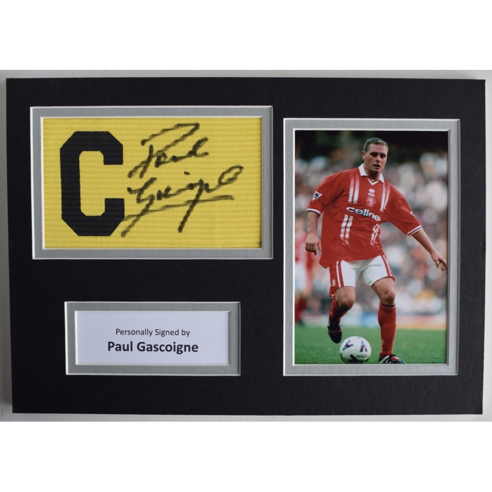 Paul Gascoigne Signed Captains Armband A4 photo display Middlesbrough ...