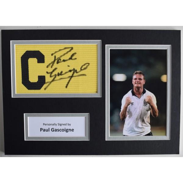 Paul Gascoigne Signed Captains Armband A4 photo display England ...